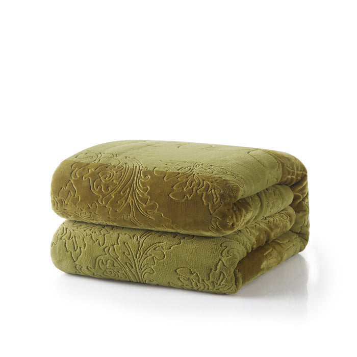 Tache Solid Embossed Green Olive Chartreuse Sherpa Throw Blanket (6209